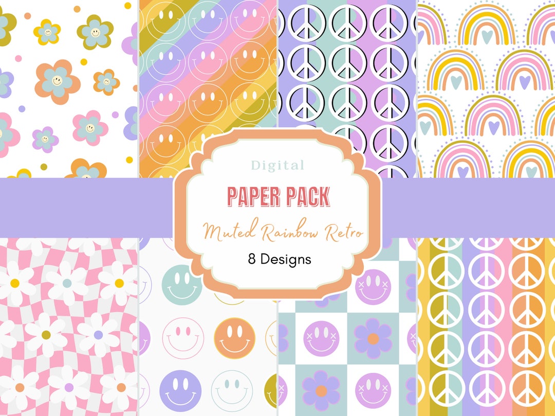 Rainbow Retro Digital Paper | Scrapbook Paper| Groovy Digital Paper ...