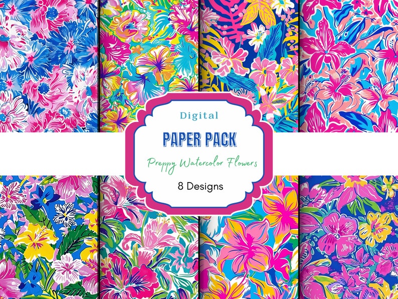 Preppy Watercolor Flowers Digital Paper paper Craft Scrapbooking Paper ...