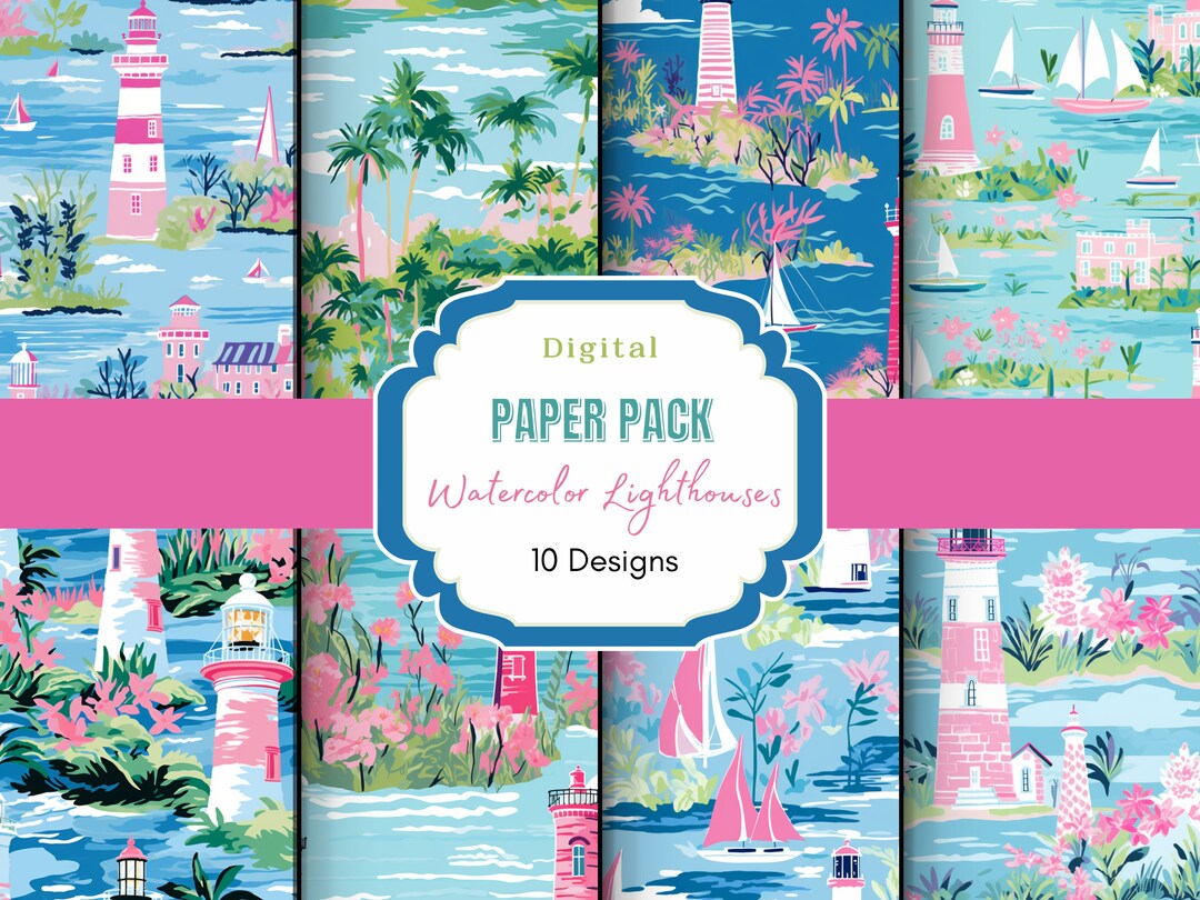 Watercolor Preppy Lighthouse Digital Paper |preppy Design | Watercolor ...