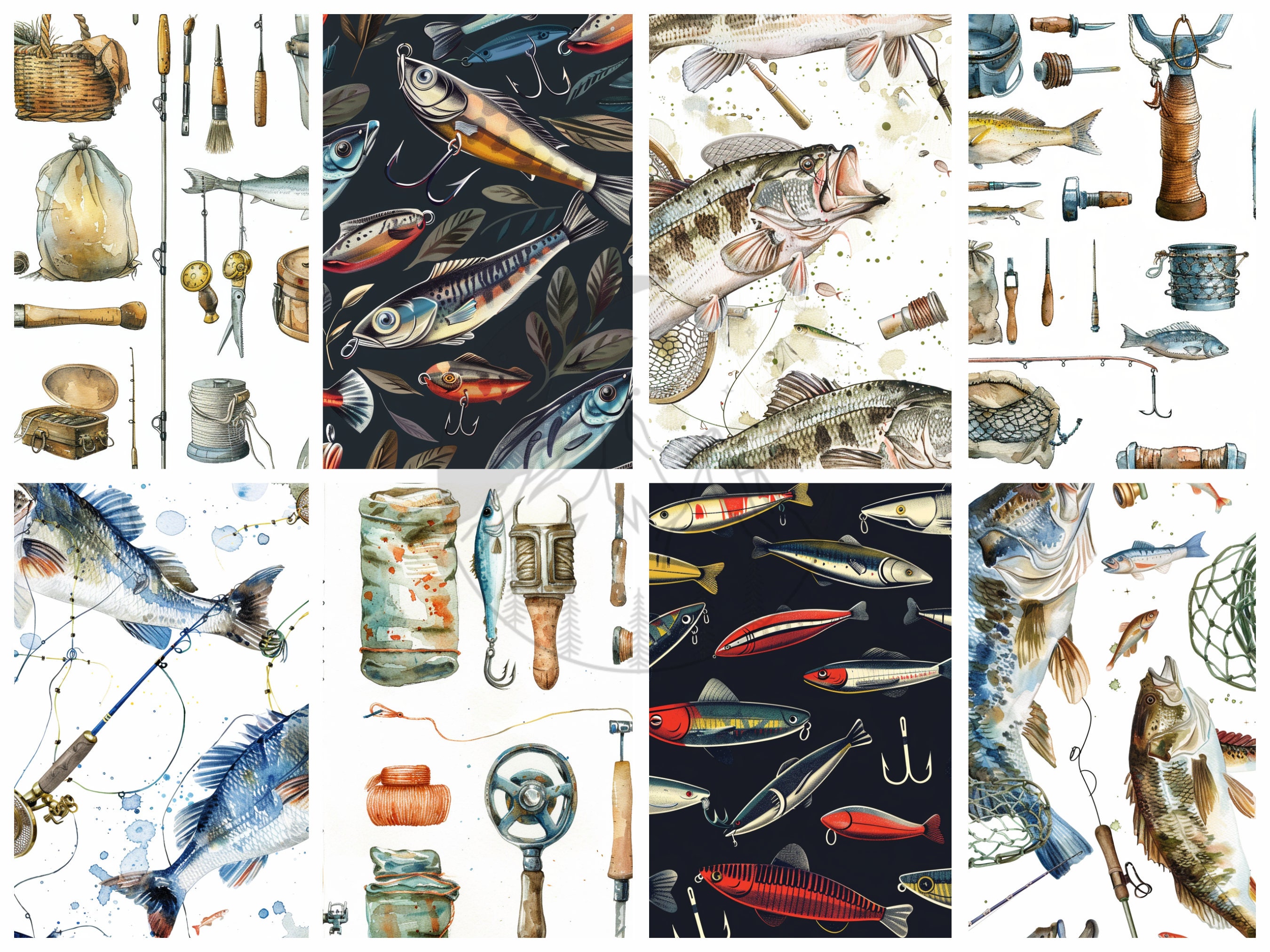 Fishing Digital Paper | Lake Fish | Fishing Designs | Junk Journal ...