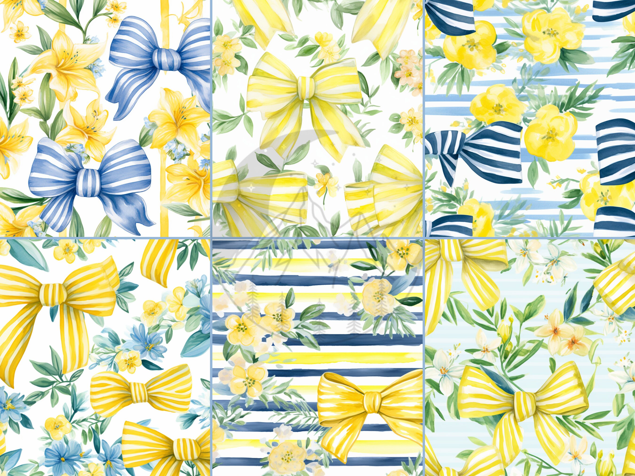 Watercolor Yellow and Blue Coquette Striped Bows Digital Paper ...