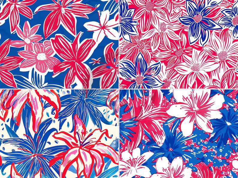 Red White Blue Flowers Digital Paper Red White Blue Floral Seamless ...