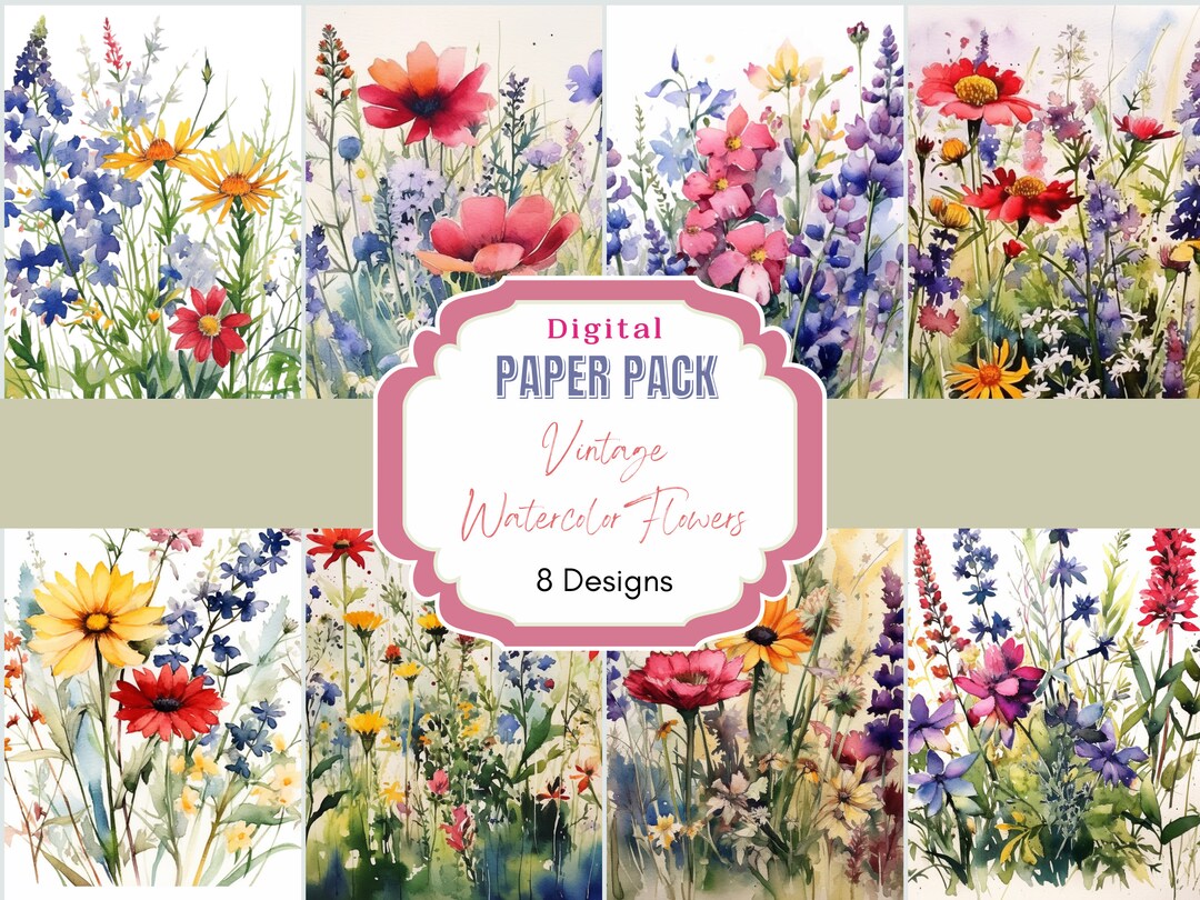 Vintage Watercolor Wildflower Digital Paper Pack | Flower Images ...