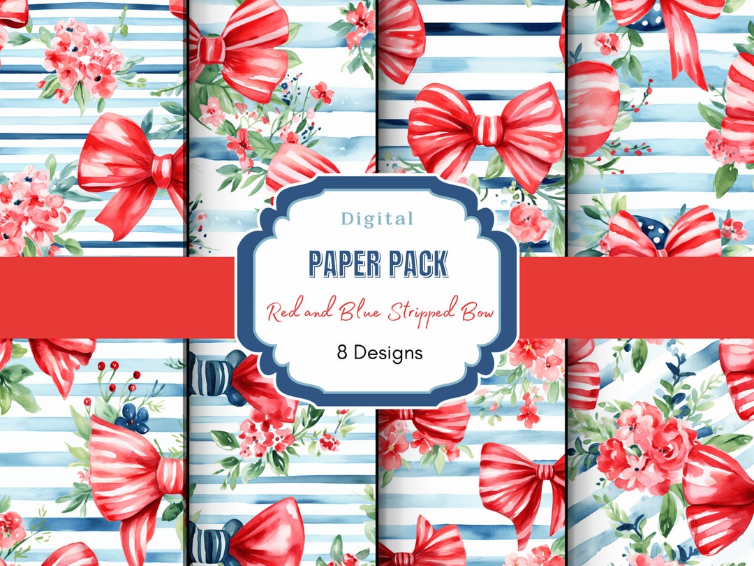 Red and Blue Stripped Bows Digital Paper | Coquette Pattern | Digital ...
