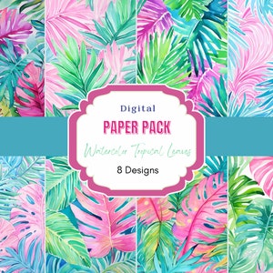 Watercolor Tropical Palm Leaves Digital Paper Pack Commercial Use ...
