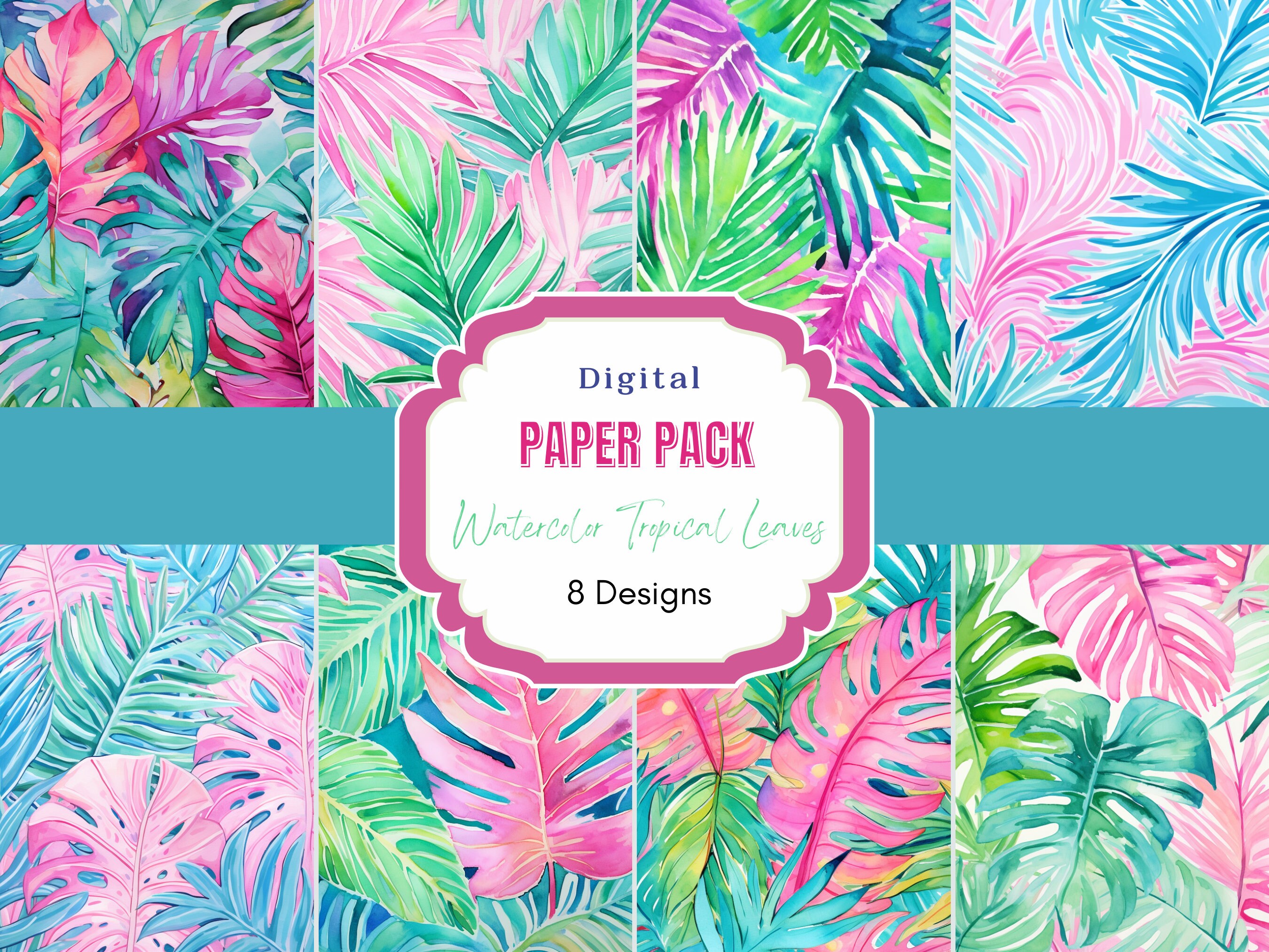 Watercolor Tropical Palm Leaves Digital Paper Pack Commercial Use ...