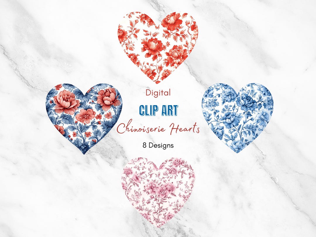 Chinoiserie Hearts Clipart | Floral Love Hearts | Digital Scrapbooking ...