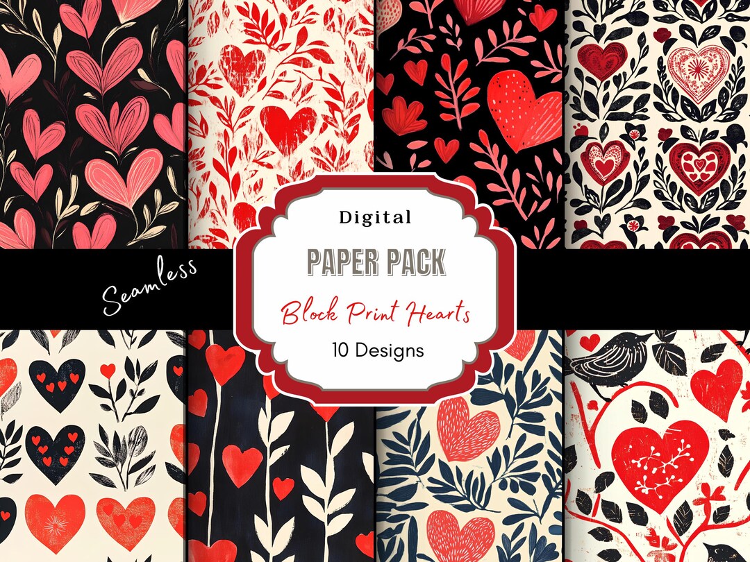 Block Print Hearts Digital Paper | Vibrant Patterns for Scrapbooking ...
