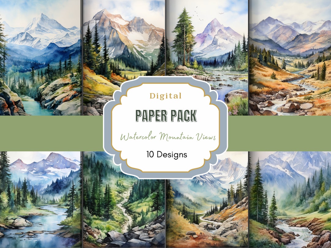 Watercolor Mountain View Digital Paper | Digital & Paper Craft ...