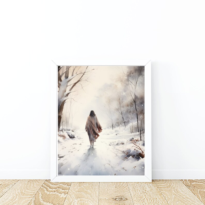 Watercolor Illustration of Jesus Christ Walking in Snow, Christian Art ...