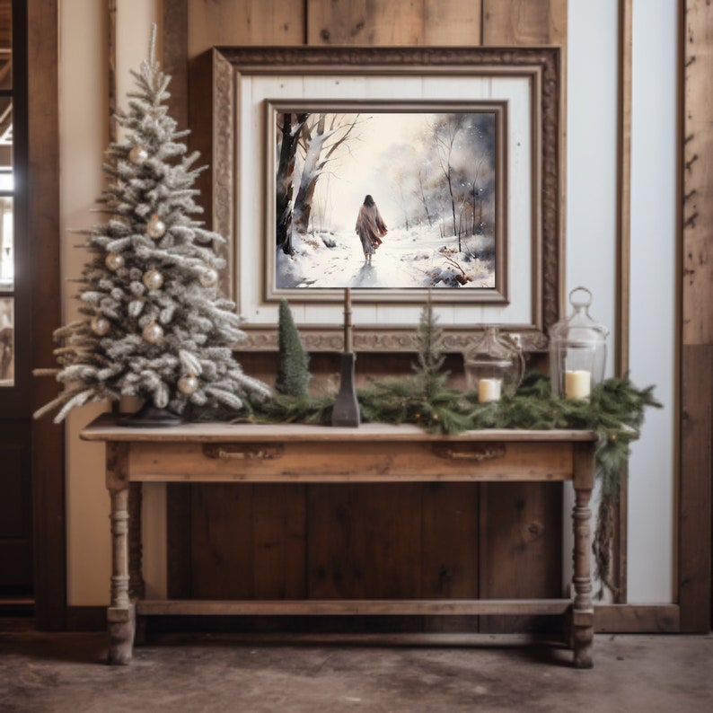 Watercolor Illustration of Jesus Christ Walking in Snow, Christian Art ...