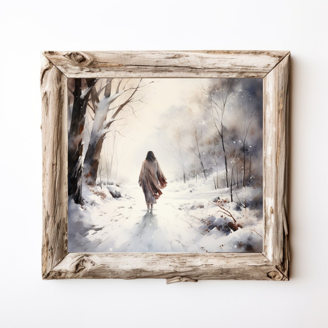 Watercolor Illustration of Jesus Christ Walking in Snow, Christian Art ...