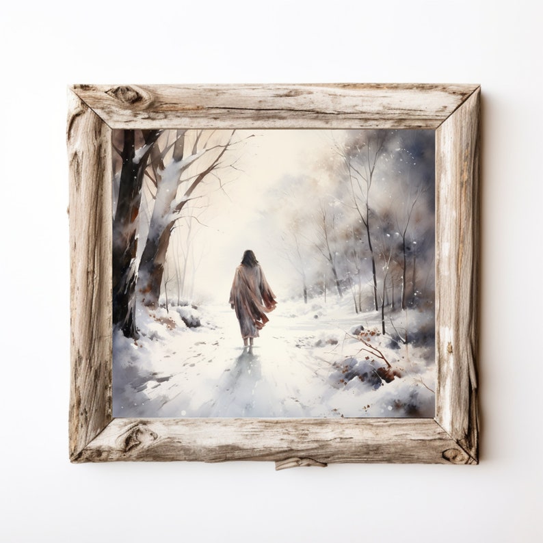 Watercolor Illustration of Jesus Christ Walking in Snow, Christian Art ...