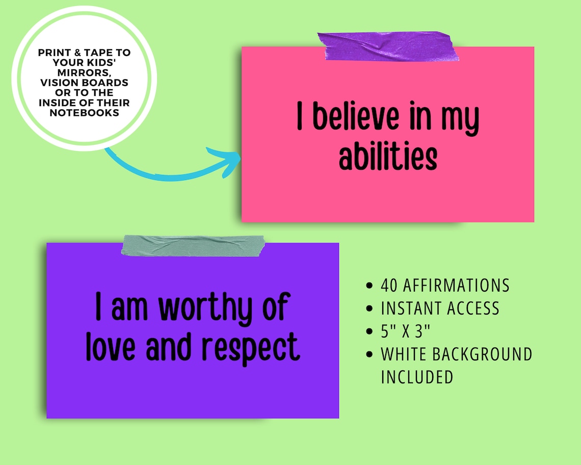 40 Positive Daily Affirmations for Kids, Printable Affirmation Cards ...