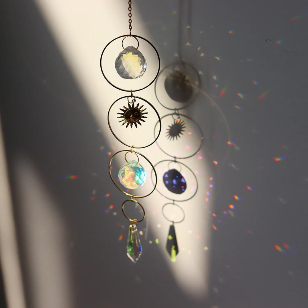 Hanging Crystal Suncatcher, Rainbow Reflecting, Sun God Design, Gold ...