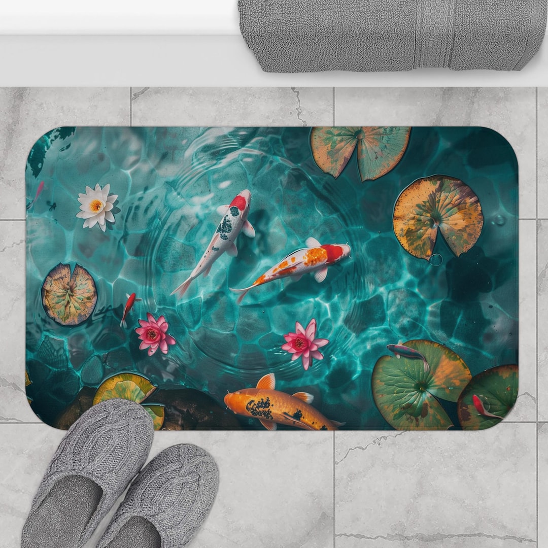 Bath Mat Koi Pond Bathroom Rug Spa Blissful Goldfish Lilypads Lotus ...