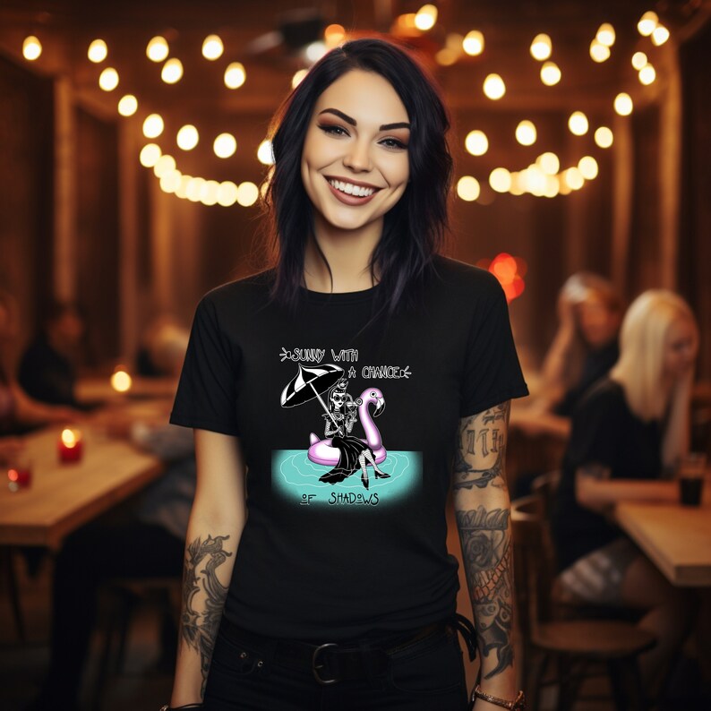 Whimsigoth Vacation Tee: Poolside Goth Girl on a Flamingo | Sunny With a Chance of Shadows | Tee ...