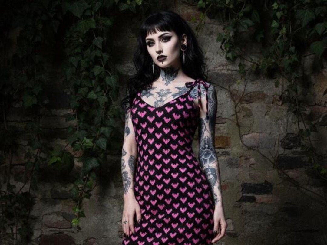 Retro-inspired Bat Dress | Pink Bats All-over Print | Spooky Tie Strap ...
