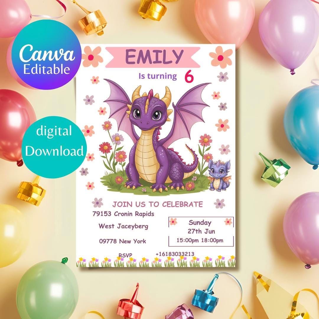 Editable Purple Dragon Invitation, Dragon Birthday Party Invitation ...