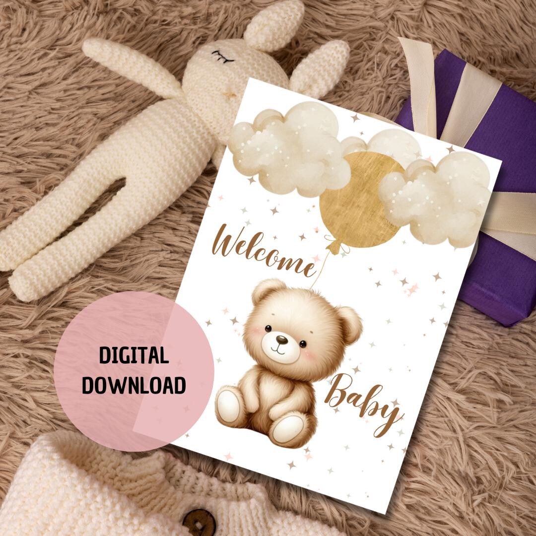 Printable Baby Shower Greeting Card, Digital Baby Card, Digital Teddy ...