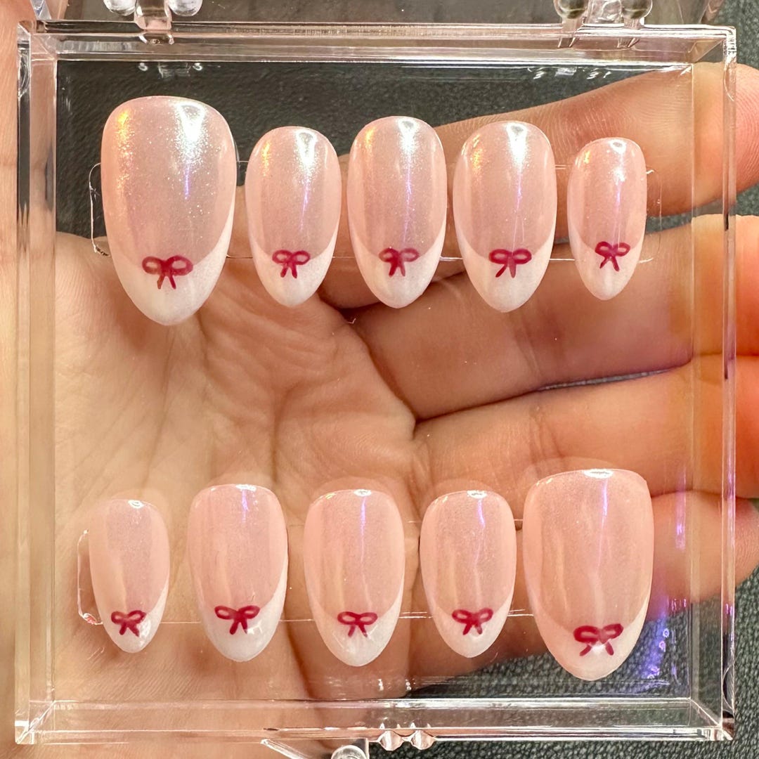 Christmas French Bow Press-on Nails | Handmade Press-ons | Gel Press-ons | Reusable Press-ons - Etsy