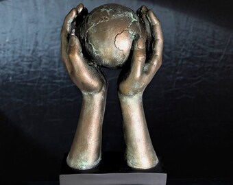 Decorative Hands Holding the Earth Globe Statue, Vintage Style World ...