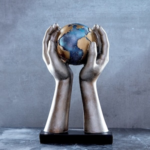 Decorative Hands Holding the Earth Globe Statue, Vintage Style World ...