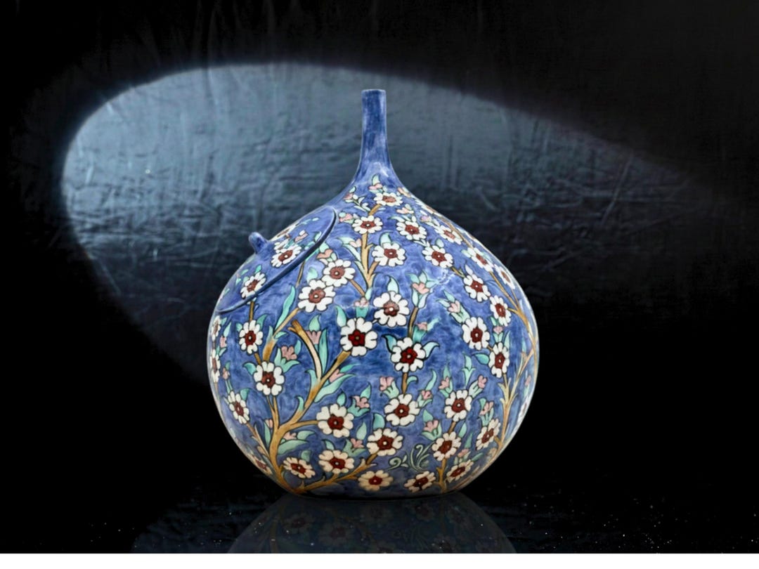 Hand-painted Iznik Ceramic Vase: Blue Floral Turkish Pottery, Ottoman ...