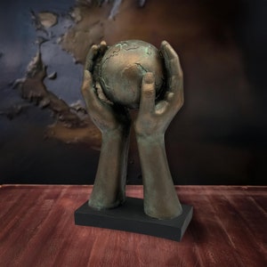 Hands Holding World Sculpture: Vintage Style Unity and Peace Earth ...