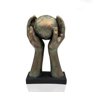 Hands Holding World Sculpture: Vintage Style Unity and Peace Earth ...