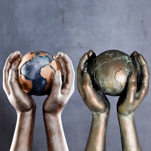 Hands Holding World Sculpture: Vintage Style Unity and Peace Earth ...