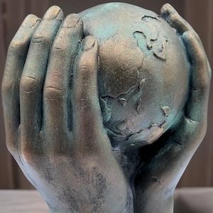 Hands Holding World Sculpture: Vintage Style Unity and Peace Earth ...