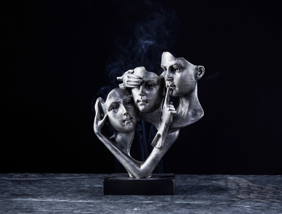 Three Face Mask Sculpture: Silver See No Evil Statue, Cubicle Home ...