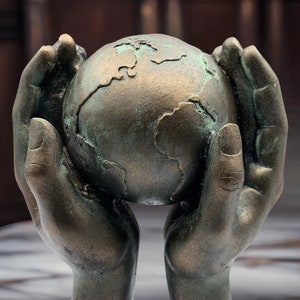 Hands Holding World Sculpture: Vintage Style Unity and Peace Earth ...