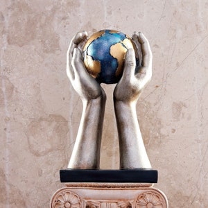 Decorative Hands Holding the Earth Globe Statue, Vintage Style World ...
