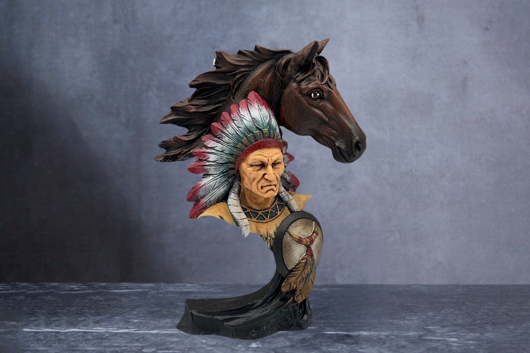 Decorative Native American Chief Bust Statue With Horse, Handcrafted ...
