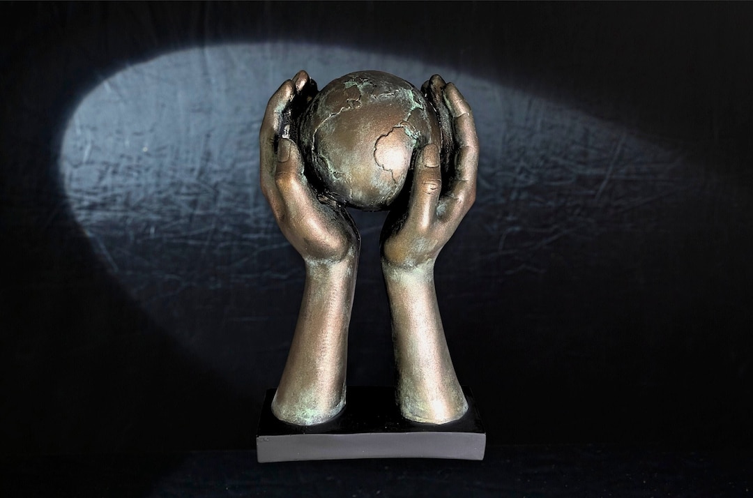 Hands Holding World Sculpture: Vintage Style Unity and Peace Earth ...