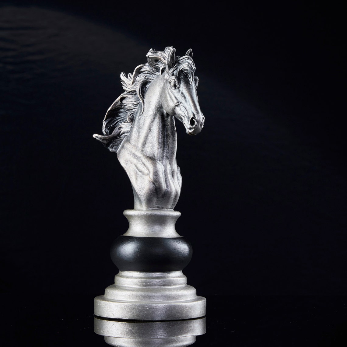 Decorative Large Chess Knight Statue: Silver Black Horse Sculpture ...