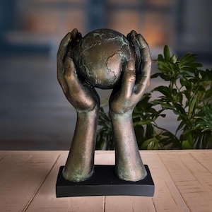 Hands Holding World Sculpture: Vintage Style Unity and Peace Earth ...