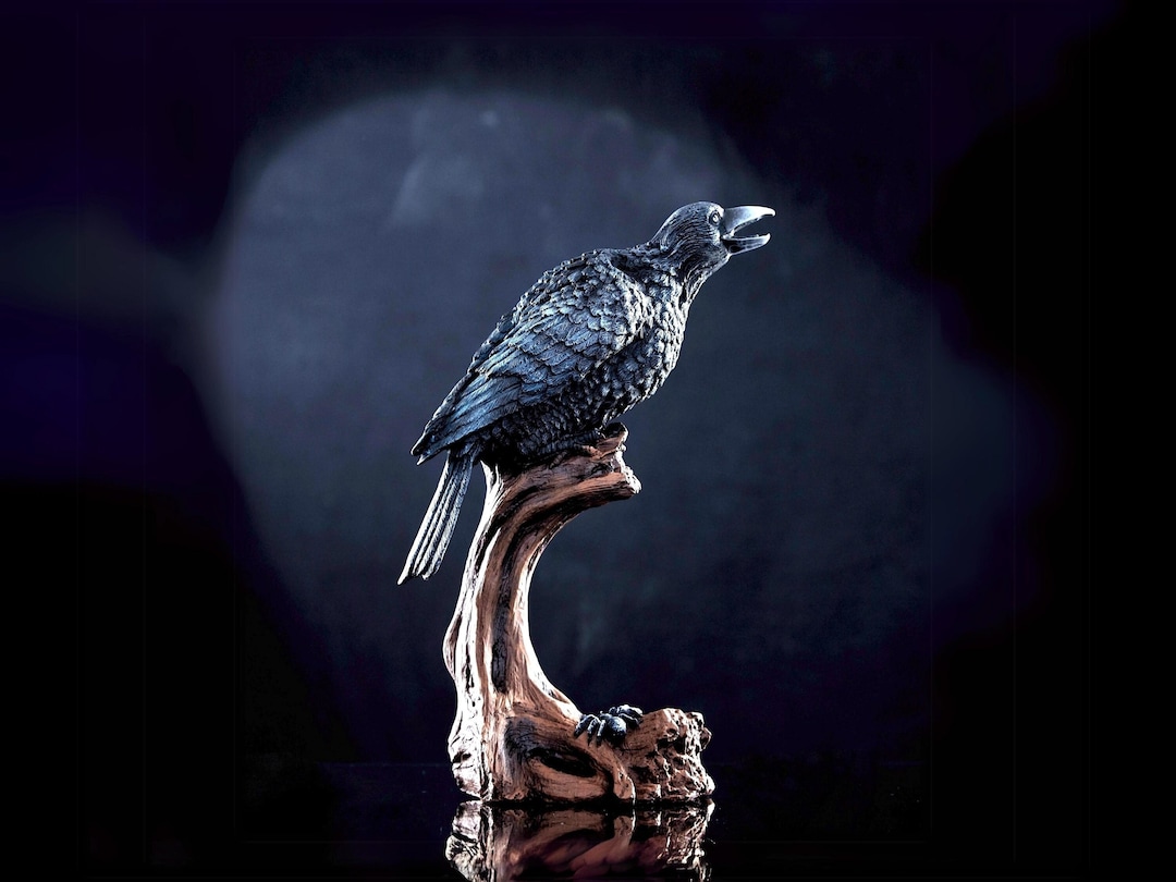 Decorative Black Crow Statue on a Branch, Handmade Realistic Raven ...