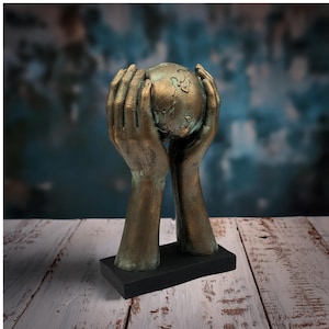 Hands Holding World Sculpture: Vintage Style Unity and Peace Earth ...