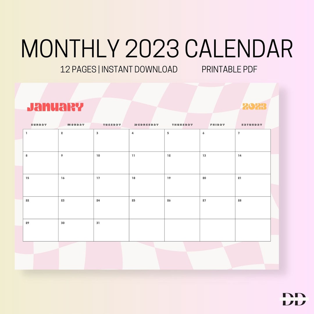 Retro Aesthetic 2023 Monthly Calendar, Fill In, 12 Months, Blank ...