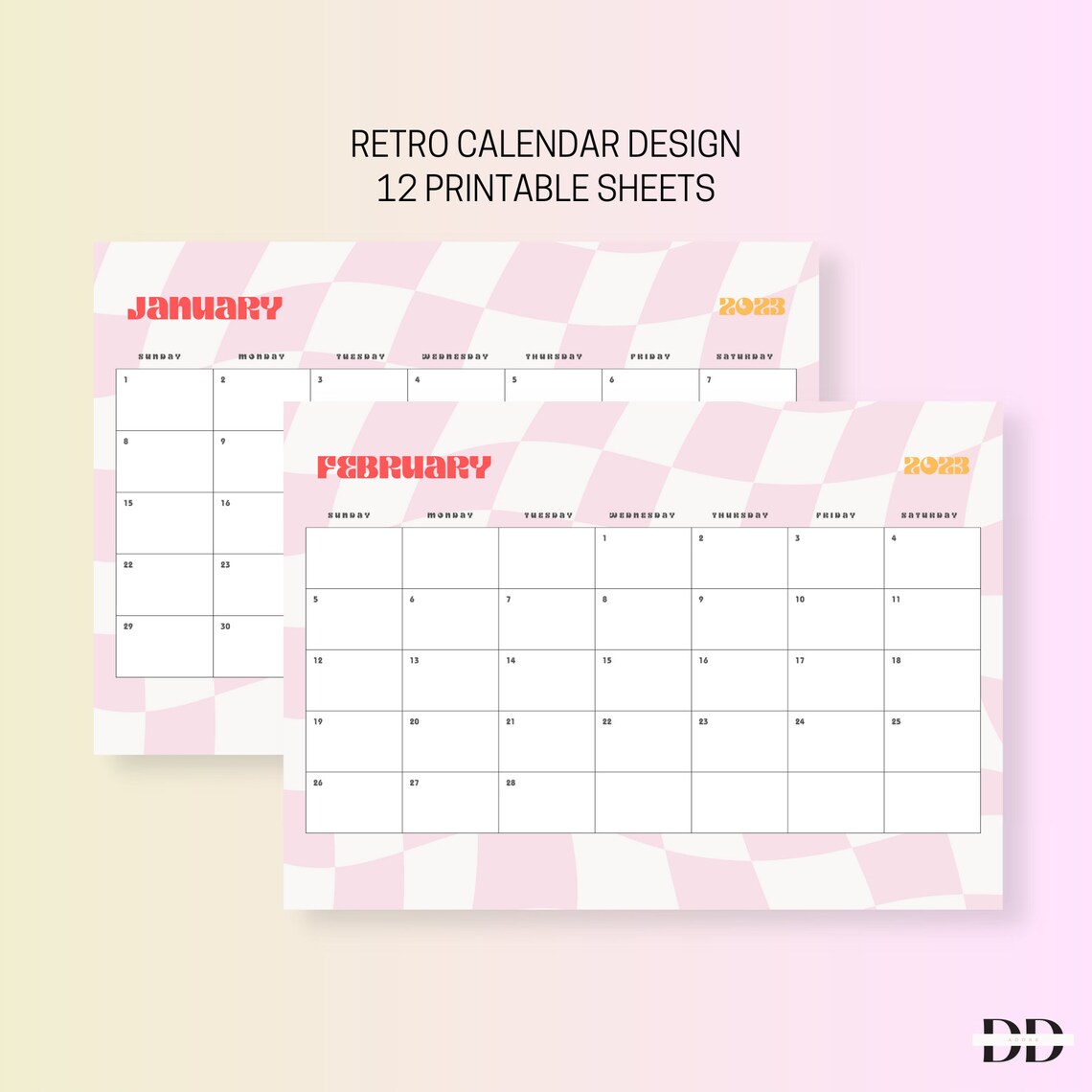 Retro Aesthetic 2023 Monthly Calendar, Fill In, 12 Months, Blank ...