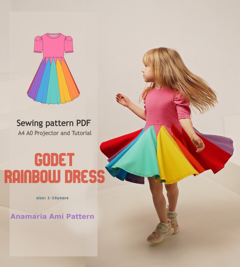 Godet Rainbow Dress Sizes 1 to 16 Kids PDF Pattern Swirl | Gift Dress ...