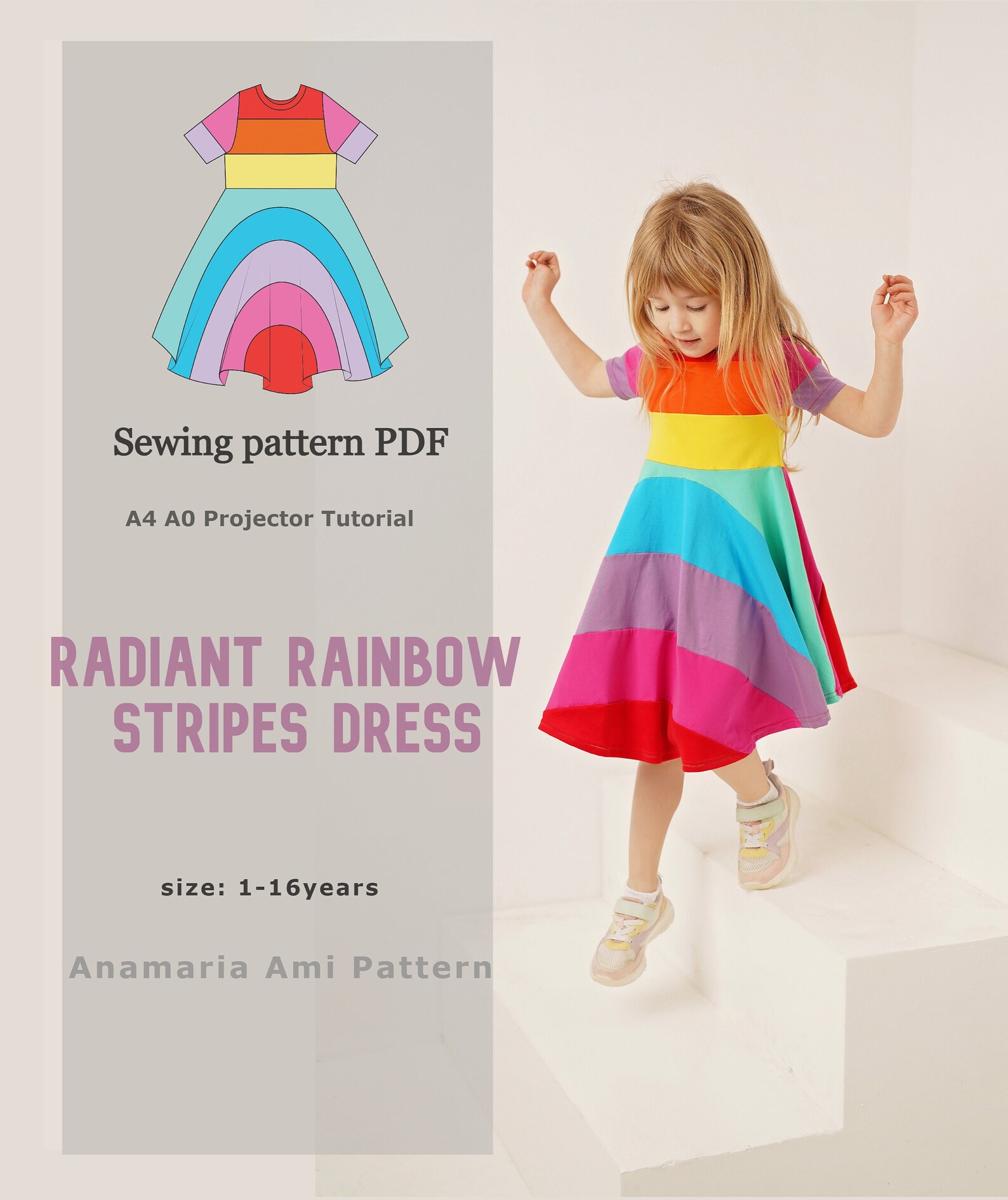 Radiant Rainbow Stripes Dress Pattern - PDF Sewing Pattern for Girls ...