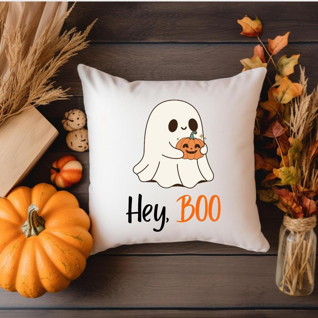 Hey Boo Halloween Pillow Cover, Cute Ghost With Pumpkin, Fall Farmhouse ...
