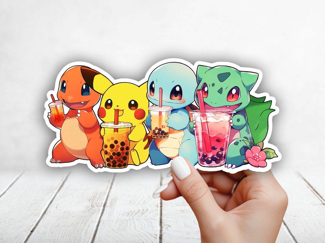 Cute Starter Pokemon Drinking Boba Gen 1 Sticker Laptop, Planners ...