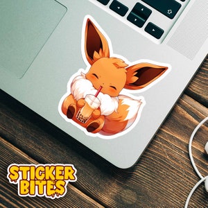Cute Eevee Drinking Boba, Pokemon Sticker - Laptop, Planners ...