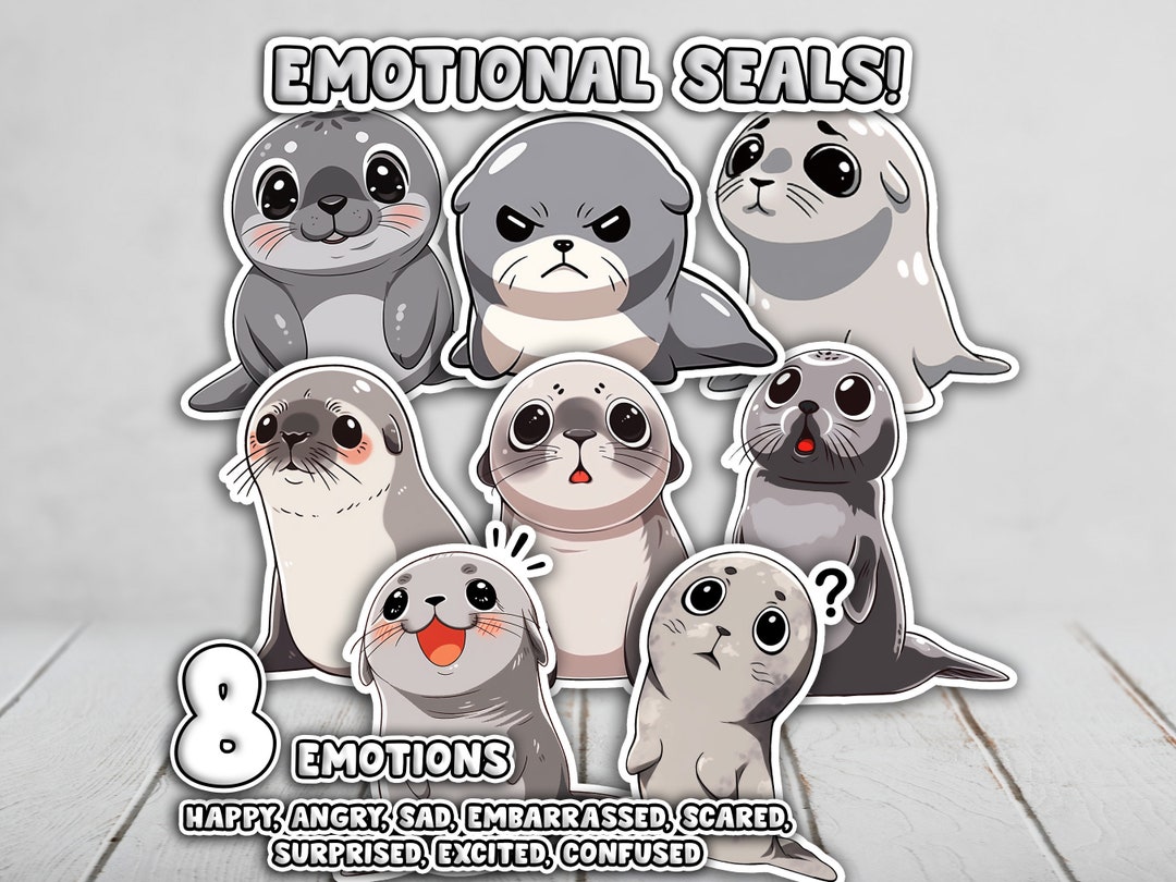 Cute Seal Stickers, Emotional Animals, Bundle, Set of 8 Laptop ...