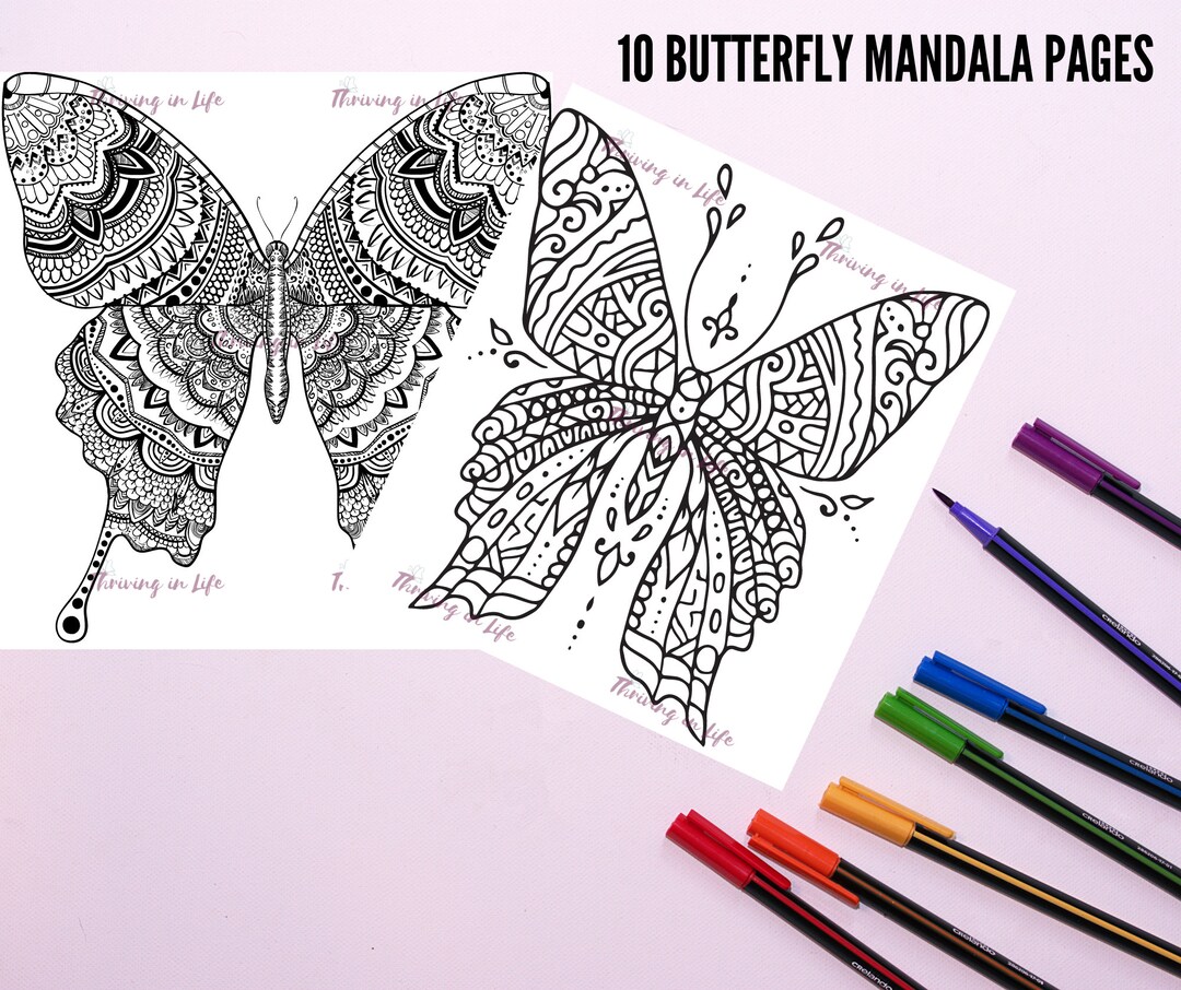 Set of 10 Butterfly Mandala Coloring Pages | Printable Coloring Sheets ...